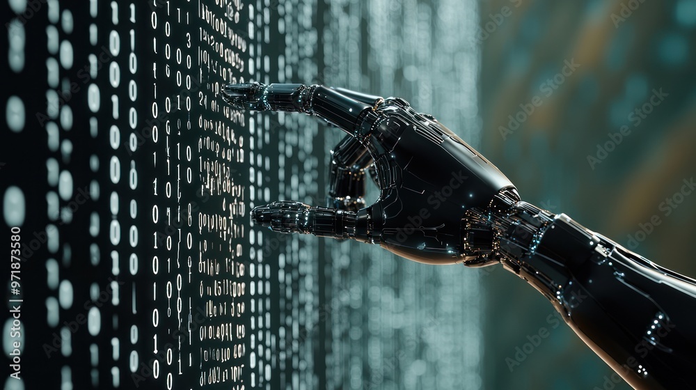 Deep learning and neural networks visualized with a robotic hand interacting with binary data ...