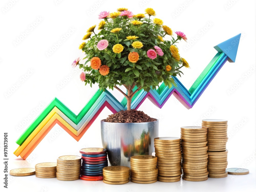 Colorful illustrative diagram showing growth of money into a blooming ...