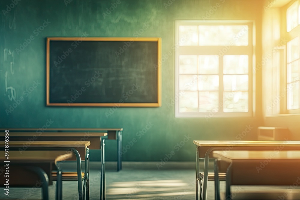 Blur background of interior design of empty classroom with blackboard ...