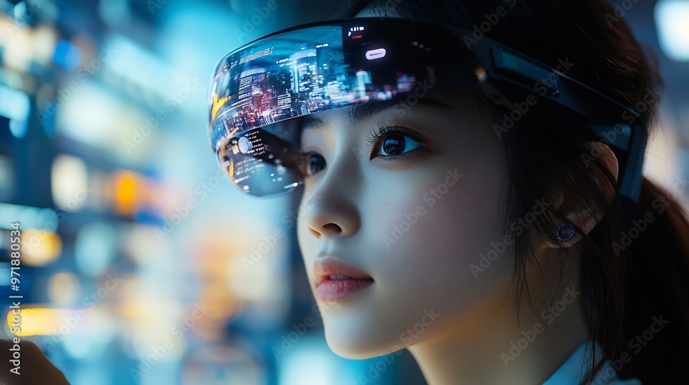 Stylish Japanese Young Woman Interacting with Augmented Reality Platform in a Technologically ...