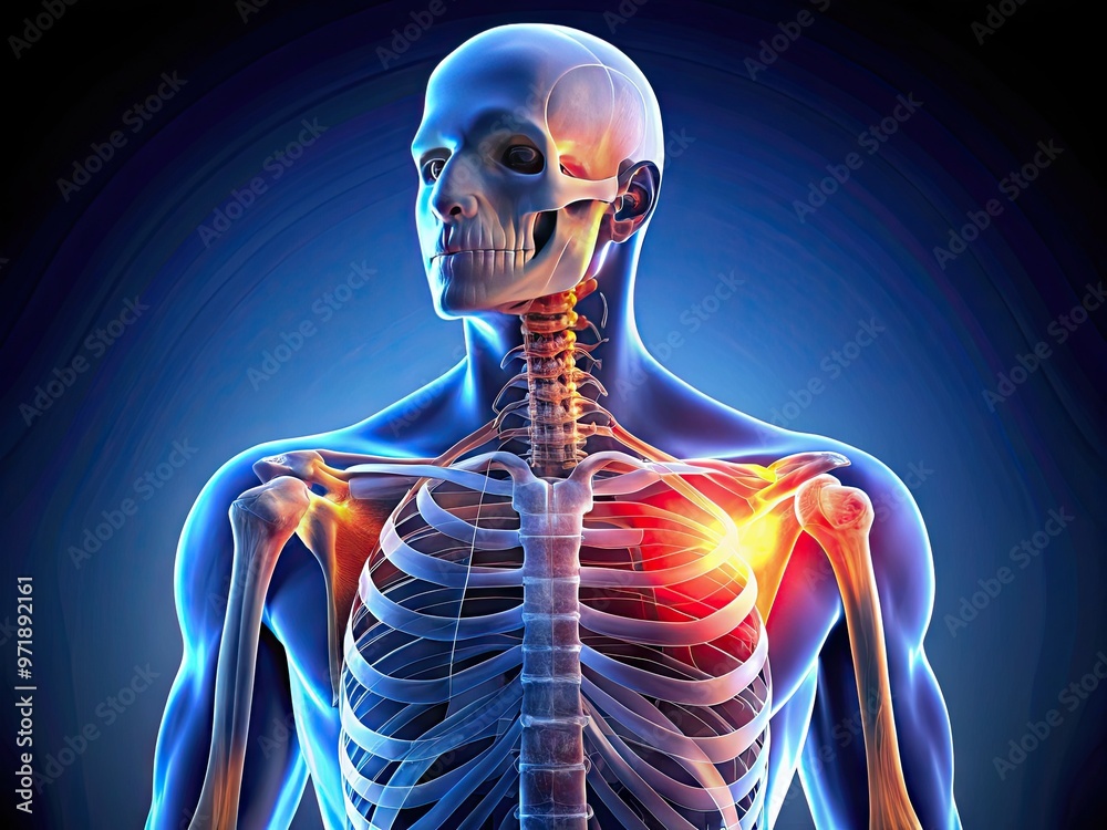 Illuminated 3D illustration of the human shoulder's rotator cuff ...