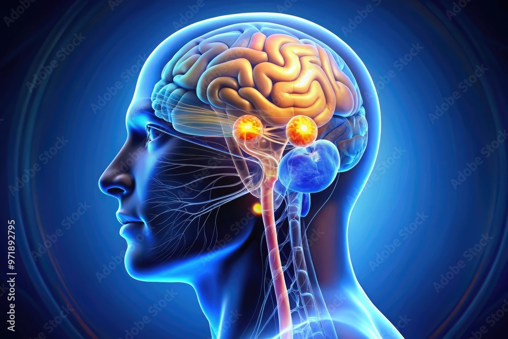 Illustration of the human brain featuring labeled glands, including ...
