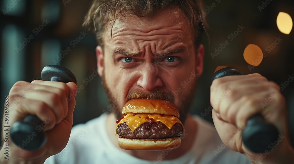 Funny upset depressed fat athlete choosing between gym dumbbell and ...