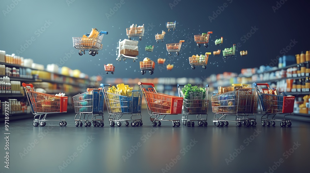 Shopping carts filled with groceries in a supermarket aisle, with ...