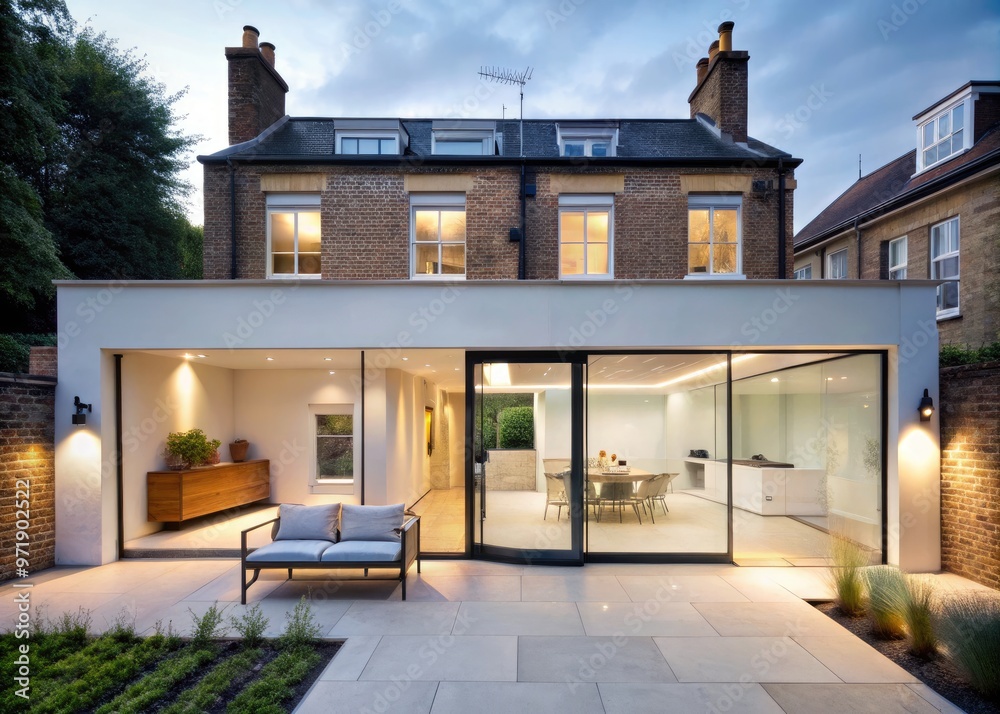 Modern rear house extension with large glass sliding doors, minimalist ...