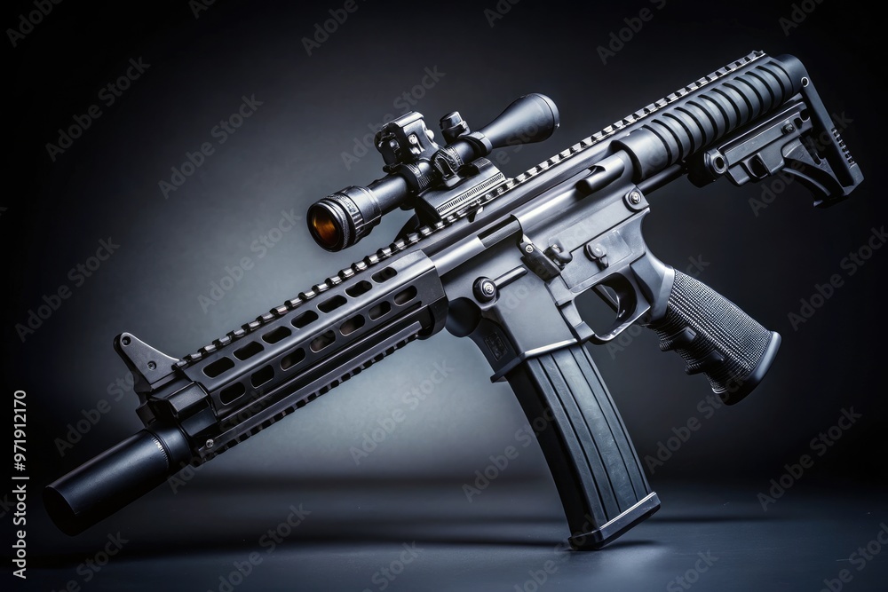 Selective focus on a black assault rifle with a 30-round magazine ...