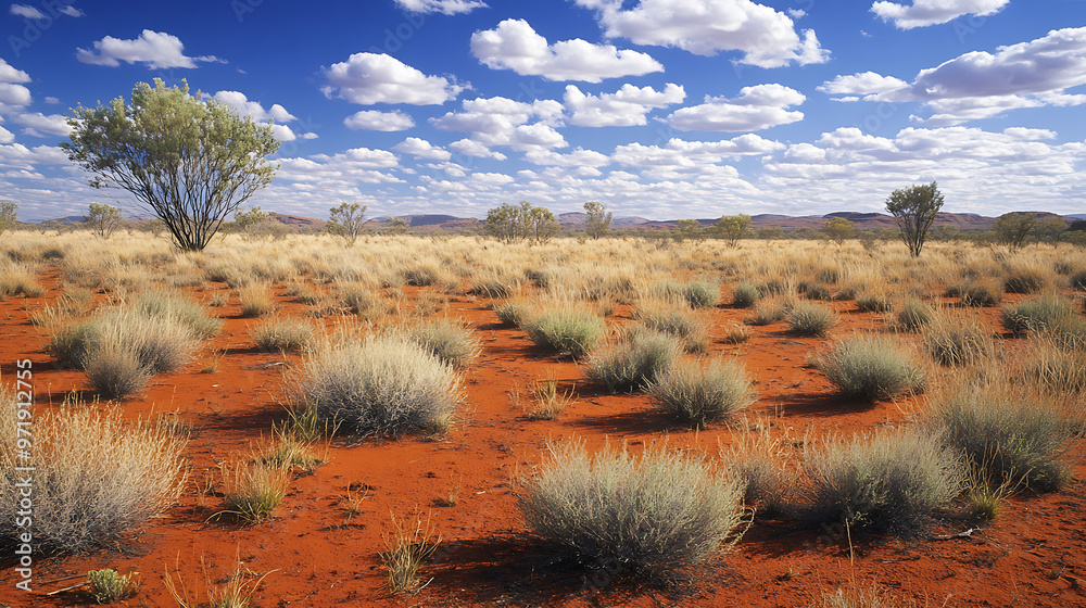 A vast Australian Outback landscape with iconic desert flora, including ...
