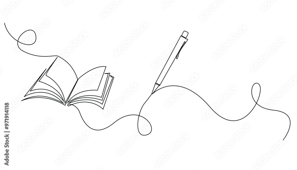 Vetor continuous line drawing of open book and pen.one line vector ...