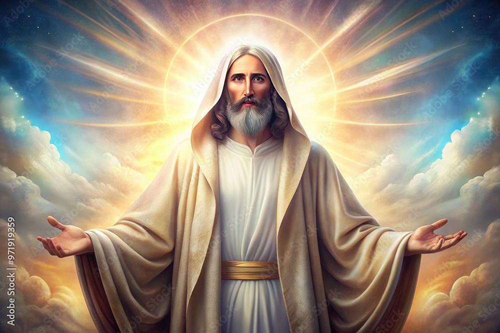 Stylized rendering of a revered religious figure with gentle features ...