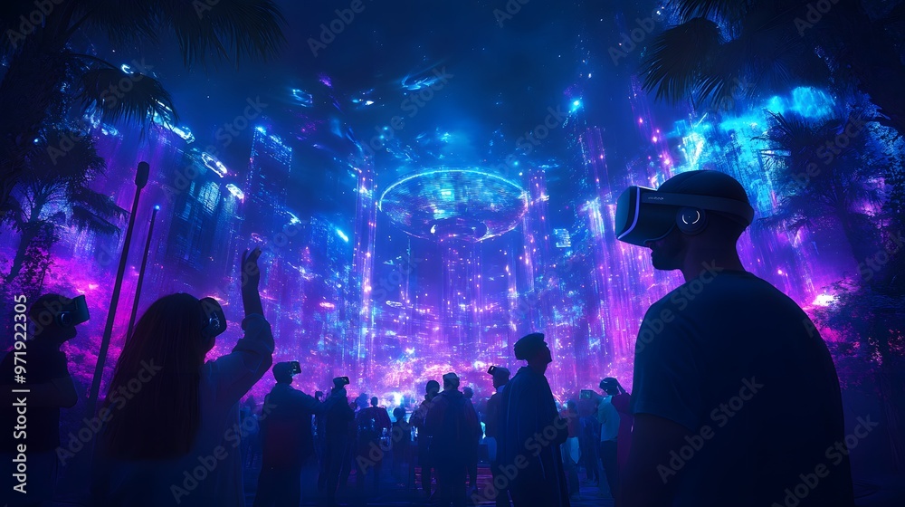 People enjoying an immersive entertainment experience in a futuristic ...