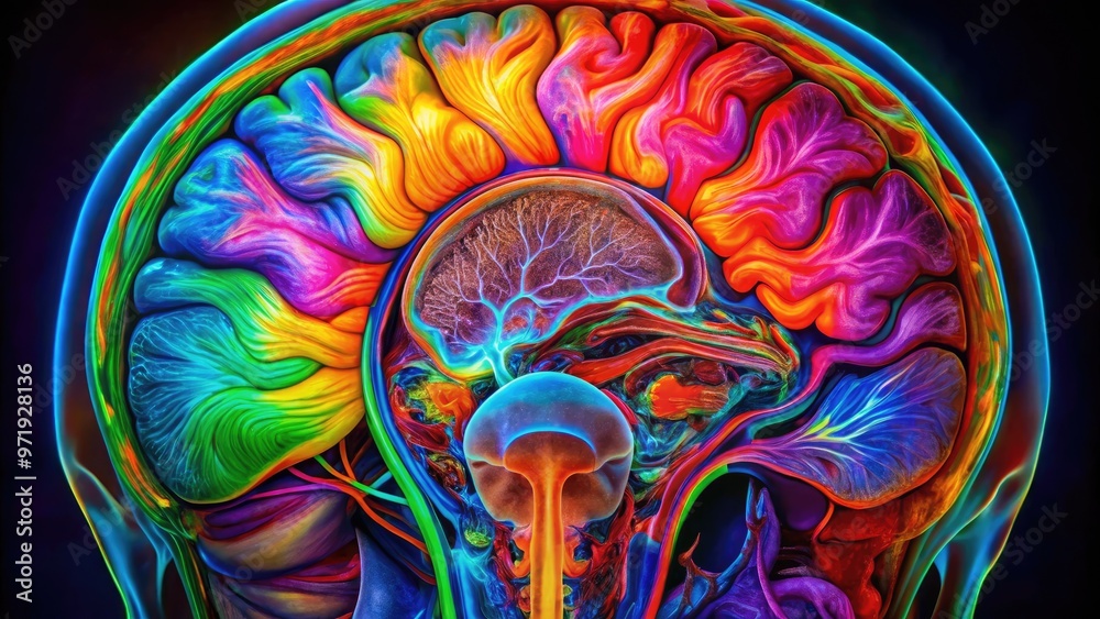 Vibrant colorized MRI scan of the human brain's internal structures ...