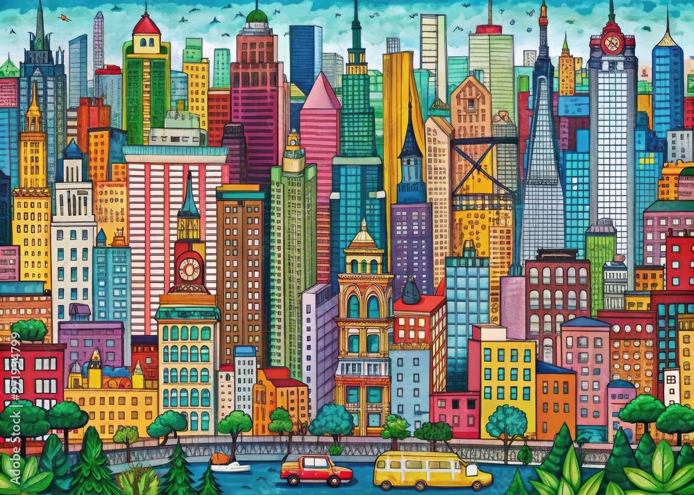 Vibrant, hand-drawn illustration of New York City's iconic streets ...