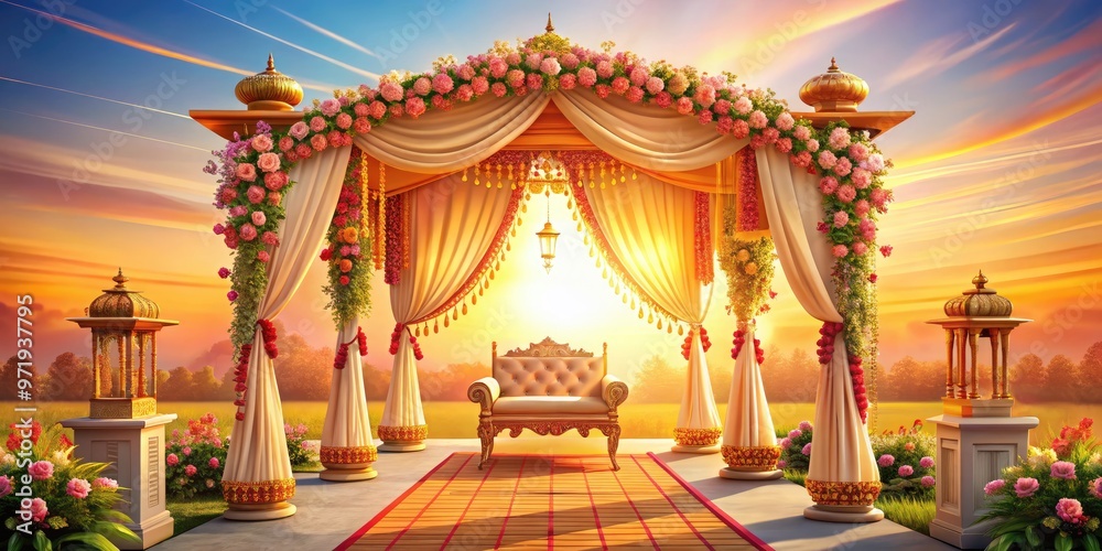 Vibrant, intricate illustration of a traditional Indian wedding mandap ...