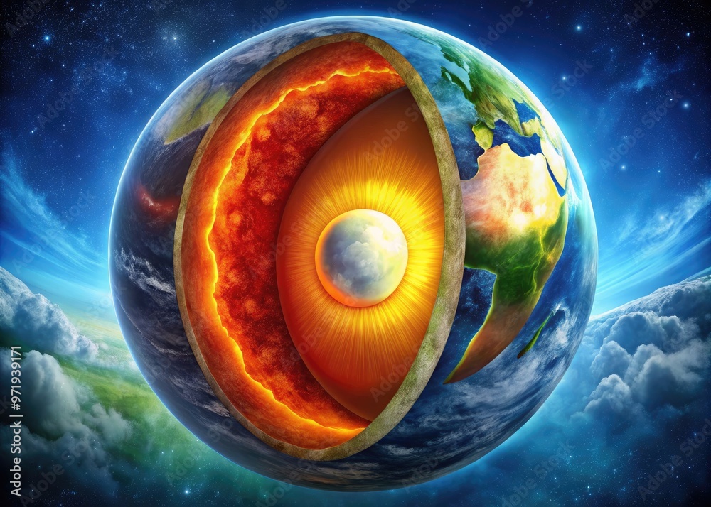 Vibrant, layered illustration of Earth's internal structure, featuring ...