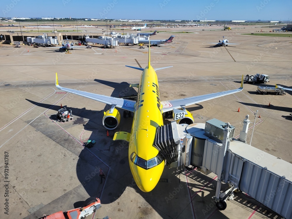 Aerial front view of a Spirit Airlines Airbus aircraft parked at a gate ...