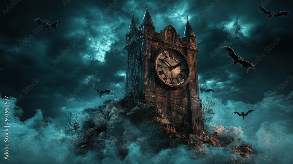 A Halloween display showcases a spooky abandoned clock tower, with ...