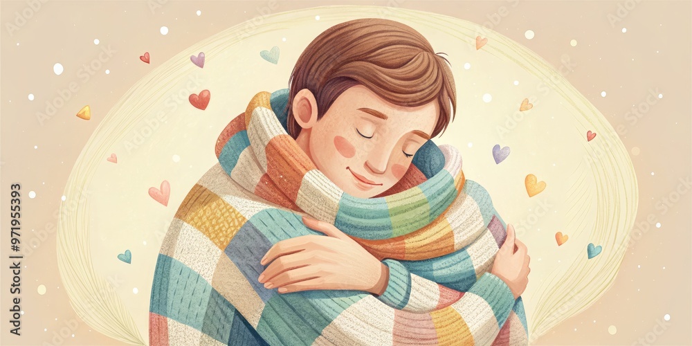 Whimsical illustration of a person embracing themselves, wrapped in ...