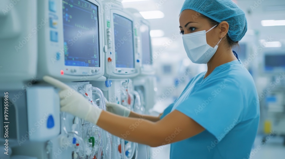 Technician sanitizing a dialysis machine before use, sterile ...