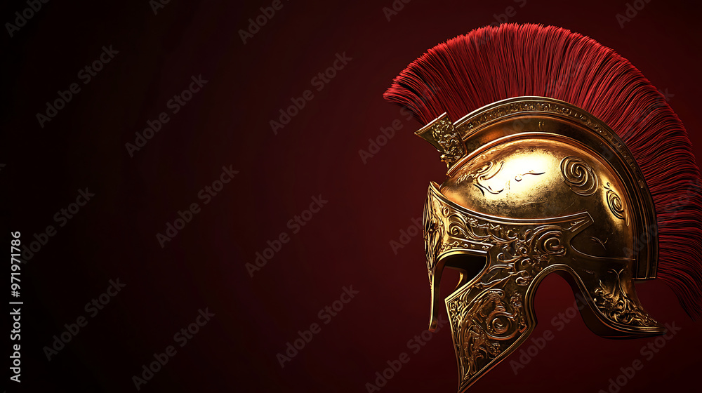 An ornate golden helmet with a red crest in ancient Greek style ...