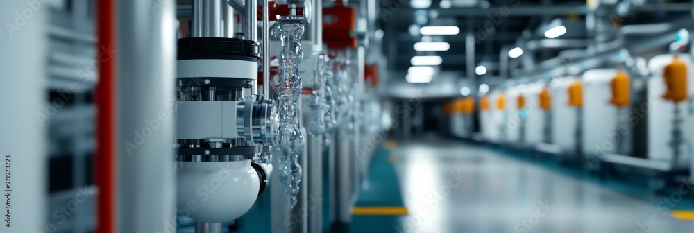 A close-up view of an industrial electrolysis water splitting system ...