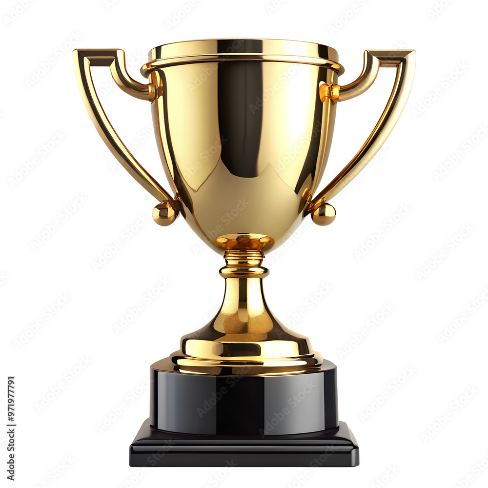 A golden trophy with two handles, standing tall on a black base, set ...
