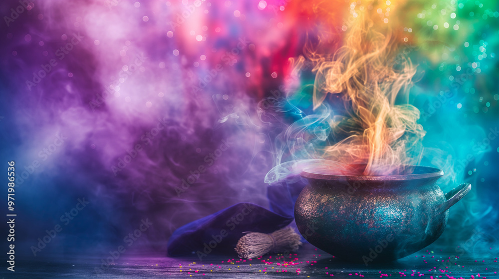 Bewitched Cauldron, a bubbling cauldron with colorful, magical smoke ...