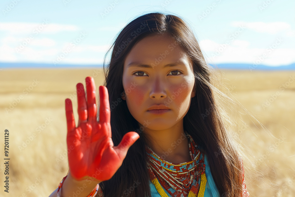 Young Native American, Indigenous, First Nations woman holding up red ...