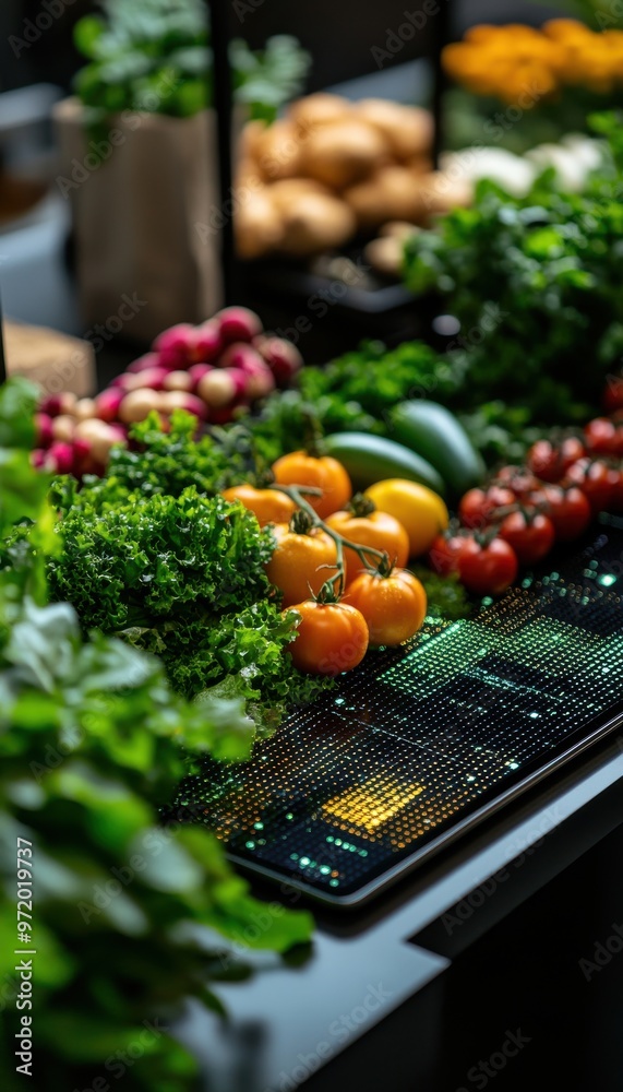 Fresh vegetables placed around a digital tablet displaying data charts ...