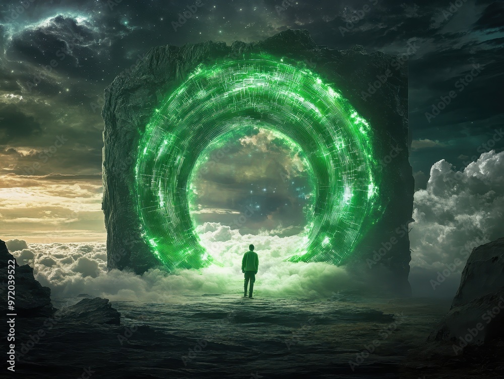 Mysterious Sci-Fi Portal in a Surreal Landscape with a Lone Figure and ...