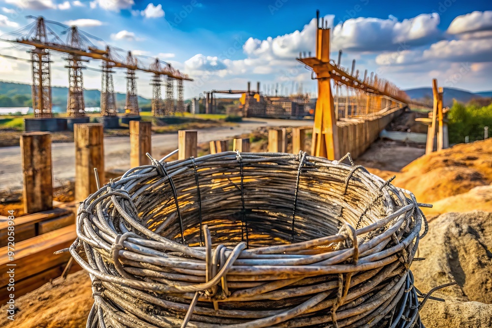 Coiled barbed wire stretches across rustic wooden stakes, securing a ...