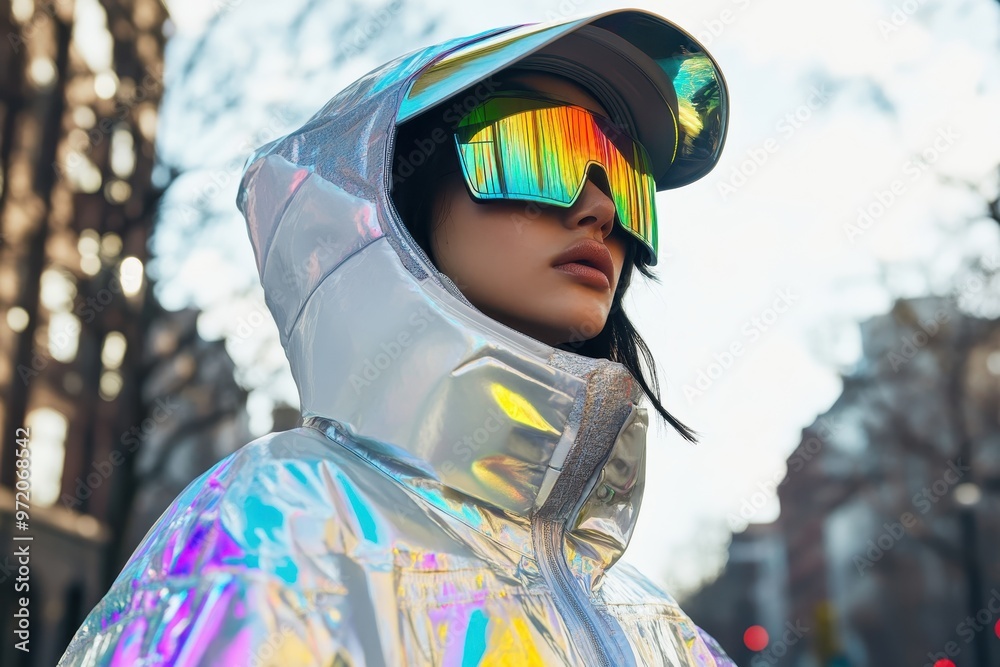 Futuristic Gen Z Streetwear: Young Woman Flaunting Reflective Surfaces ...