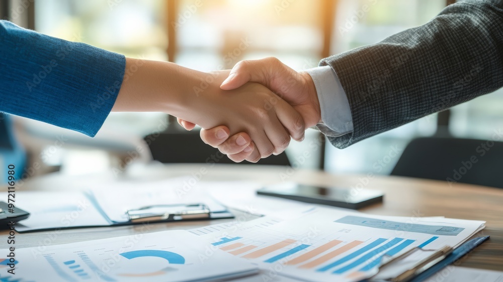 Business handshake over a table with financial documents, symbolizing ...