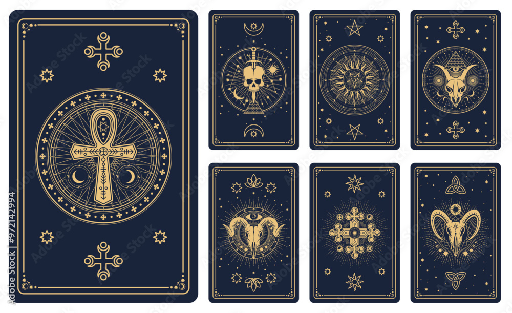 Tarot cards with esoteric magic symbols of skull, devil star and moon ...