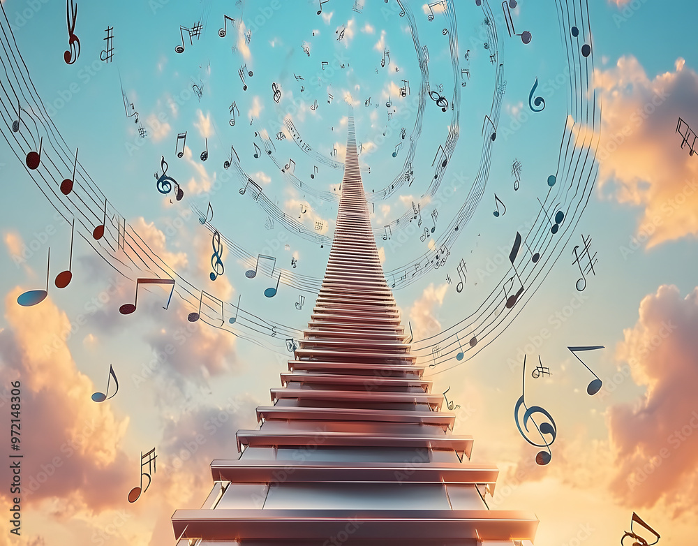Surreal image of a ladder composed of musical notes ascending into the ...