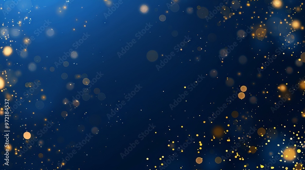 Abstract dark blue and gold particle background with Christmas golden light bokeh, shining ...