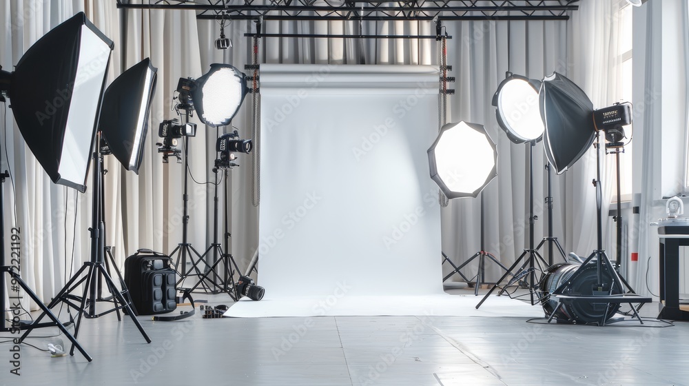 Modern photography studio setup with softbox lights, tripods, and a ...