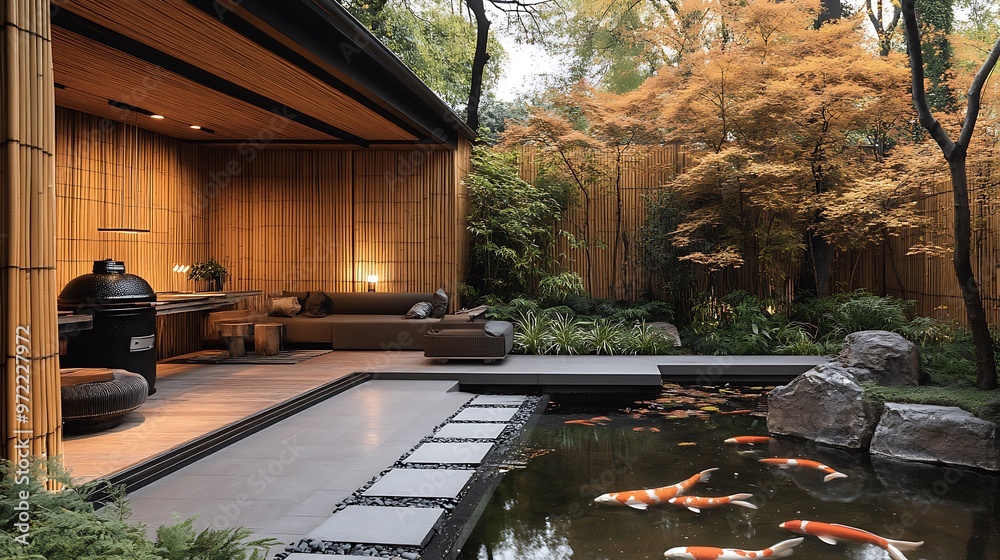 A peaceful Zen garden BBQ area with bamboo fencing, a koi pond, and a ...