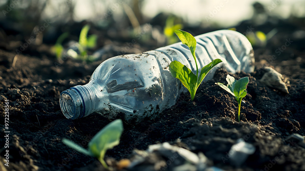 crumpled plastic bottles partially buried in soil, with weeds growing ...