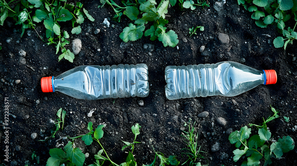 crumpled plastic bottles partially buried in soil, with weeds growing ...