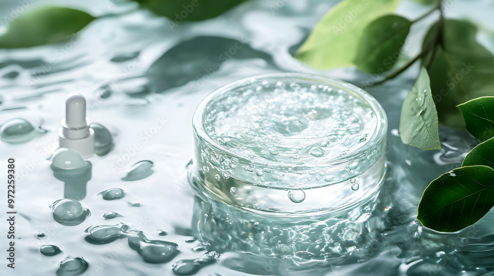 Hyaluronic acid bubbles floating in a pure, clear serum alongside ...