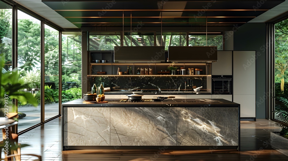 Modern Kitchen Design with Marble Countertop and Open Layout Stock ...