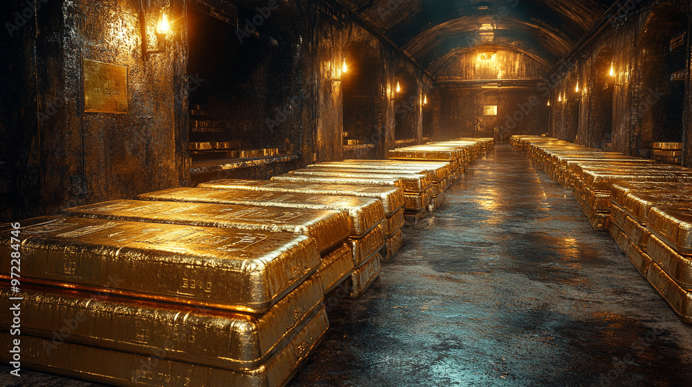 A dimly lit vault filled with stacks of golden bars, showcasing wealth ...