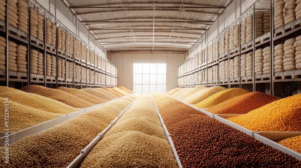 a warehouse filled with different types of grains stored in separate ...