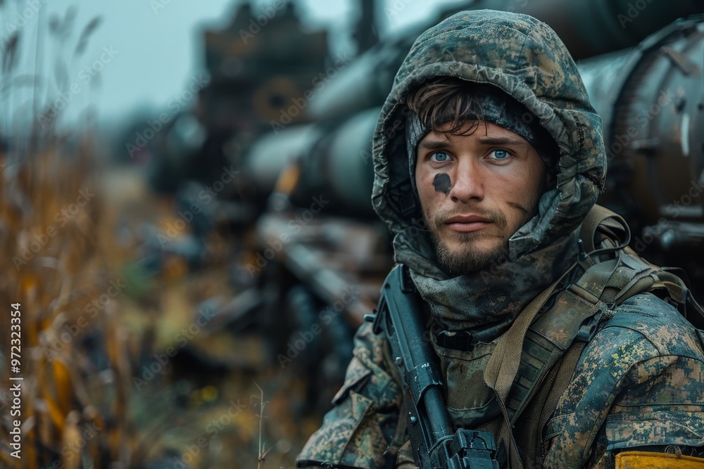 Soldier in tactical gear next to missile system and rocket launcher for ...
