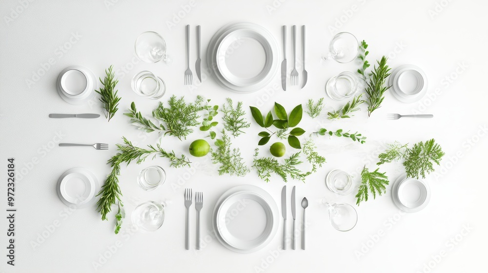 Unique business card layout showcases a stylish table setting adorned with vibrant herbs and ...