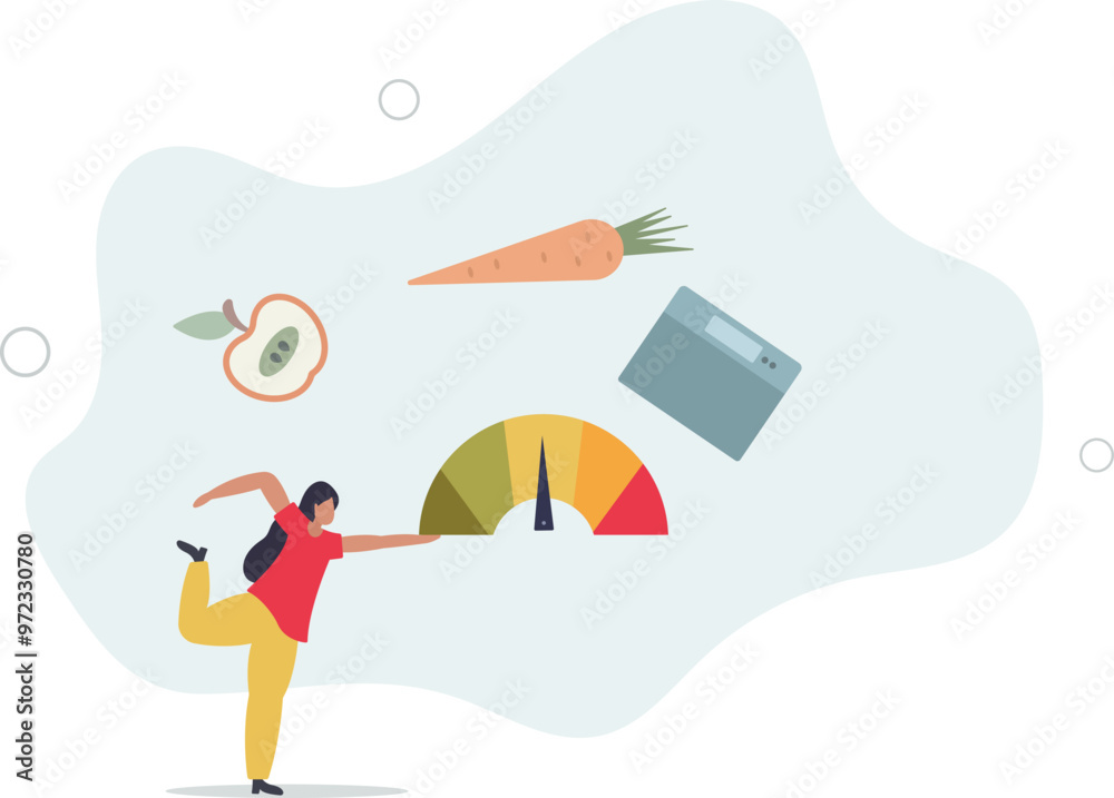 Woman and obese chart scales.Cartoon person on diet trying weight ...