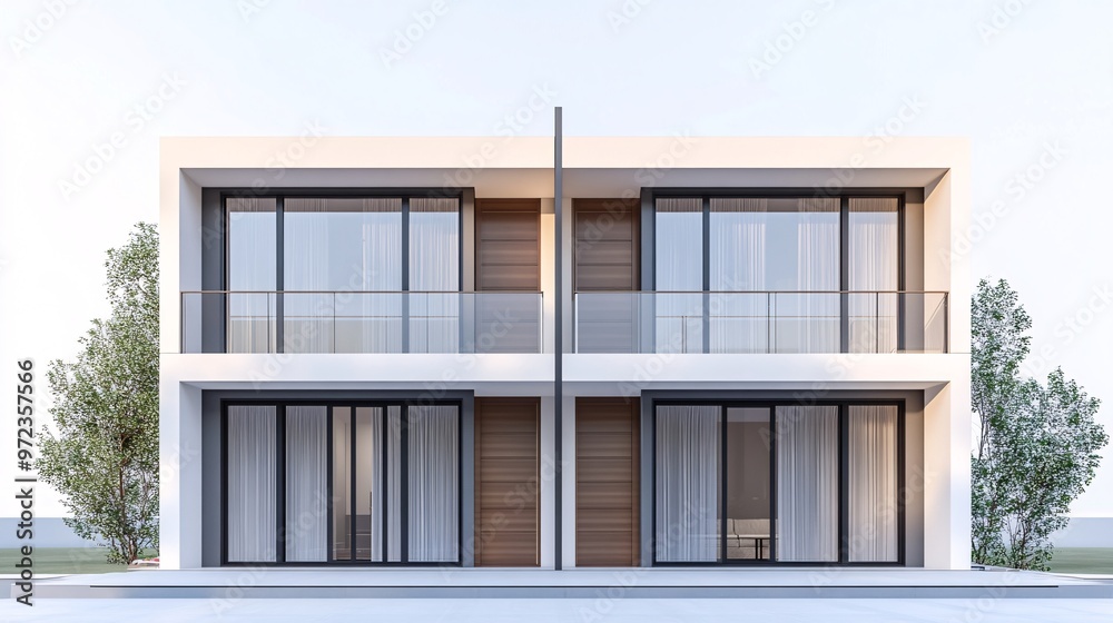 91. Isolated 3D render of a modern duplex house with clean ...