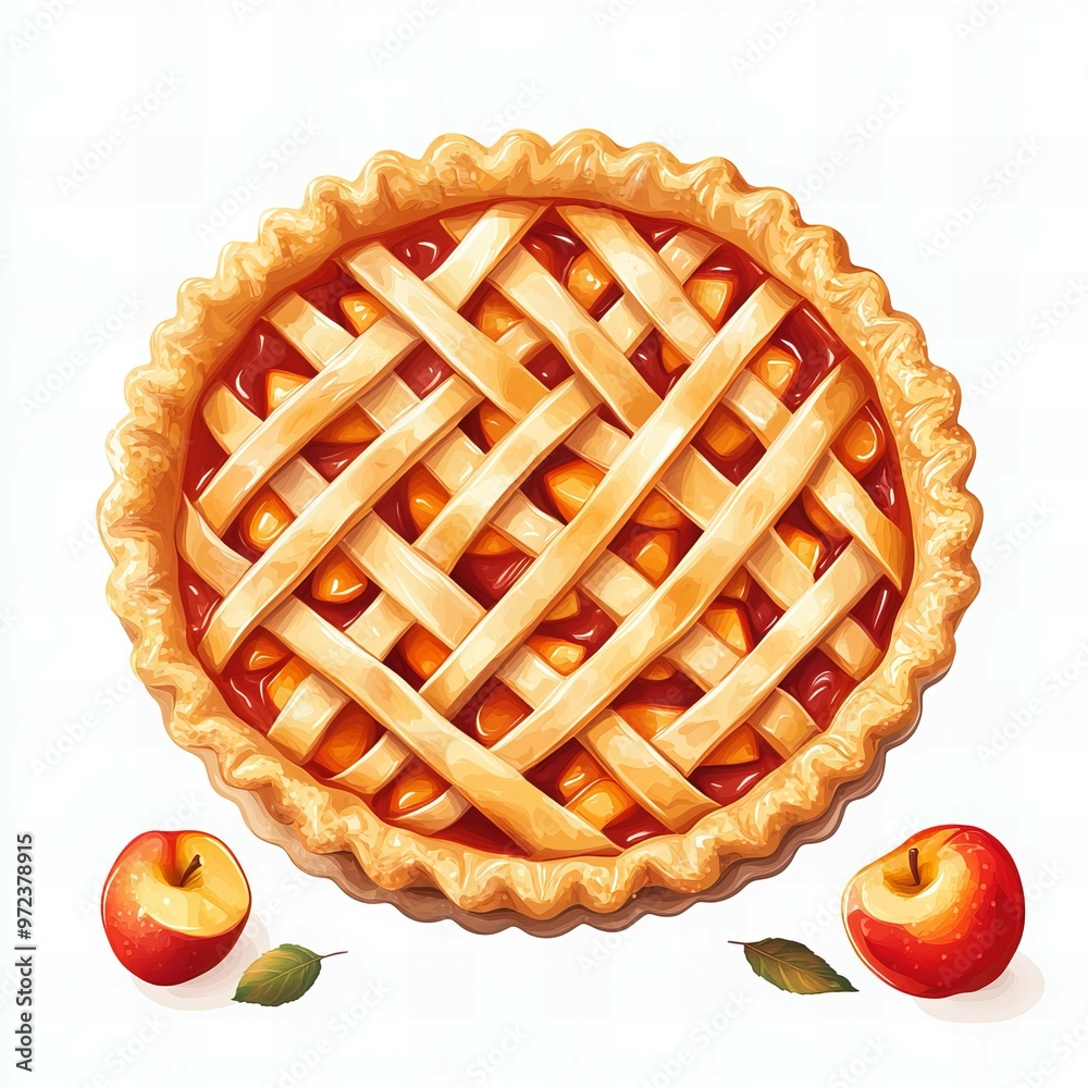 Classic apple pie top view illustration with lattice crust and golden ...