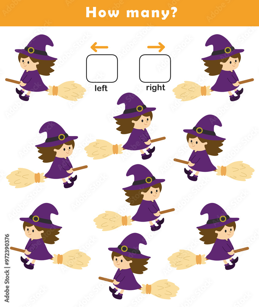 Left and right position worksheet with cute little witch illustration ...