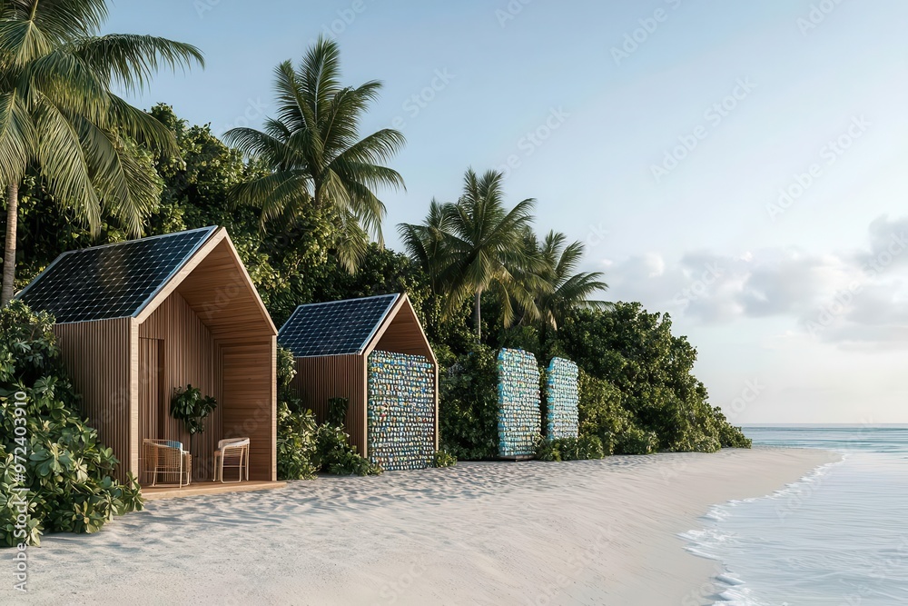 Design a panoramic scene of a coastal landscape featuring a sustainable ...